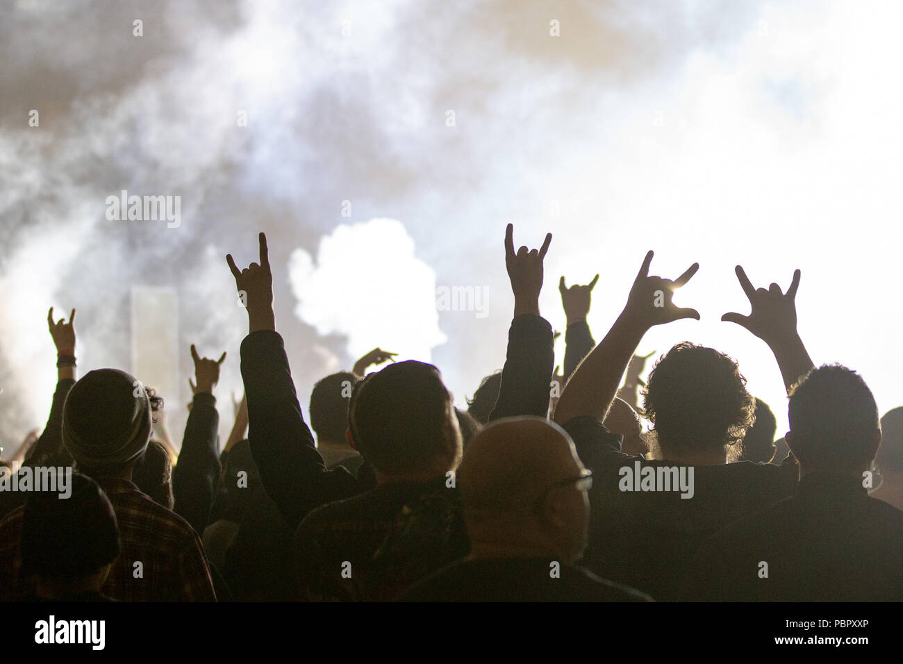 Chicago, Illinois, USA. 24th Feb, 2018. Concert attendees rock out with ...