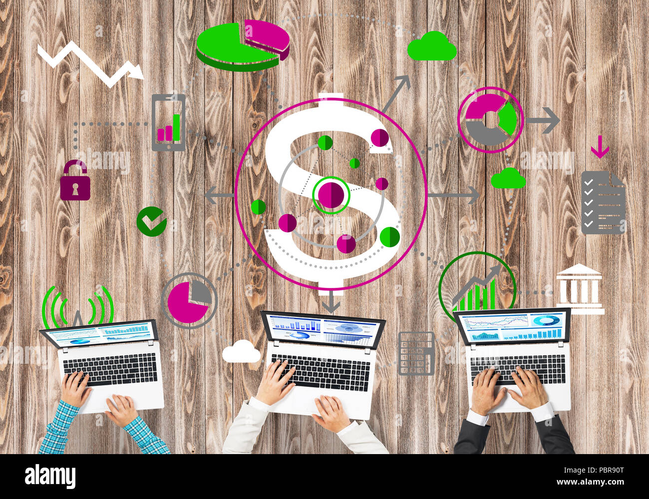 Top view of businesspeople sitting at table and using gadgets Stock ...