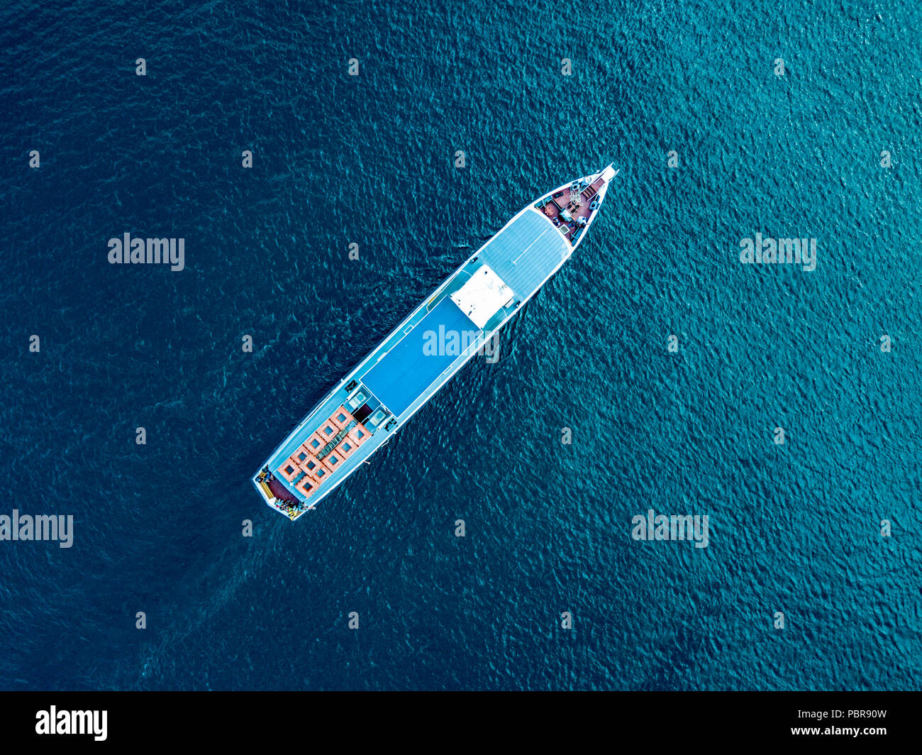 directly above top view of summer cruise trip ferry ship isolated on ...