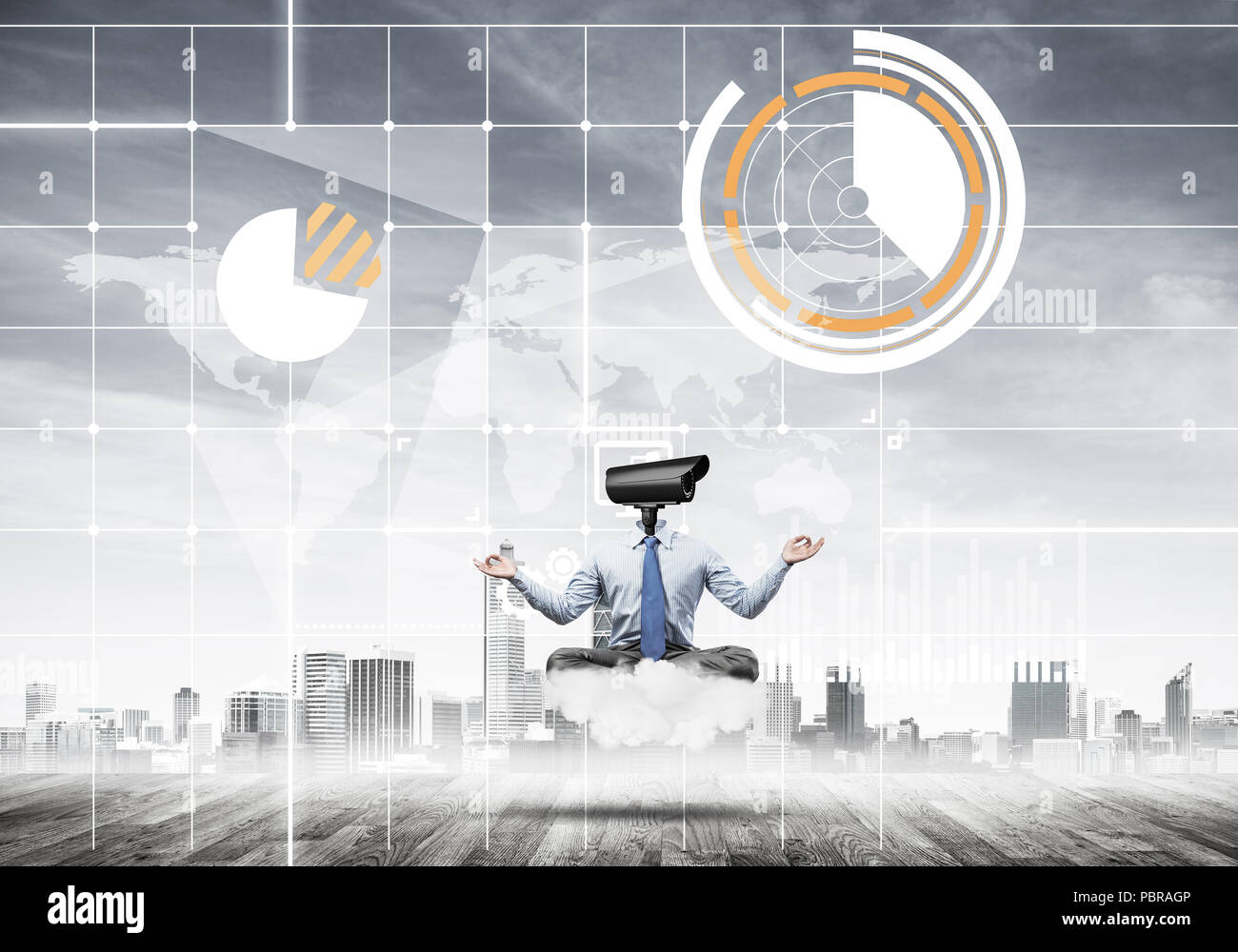 Camera headed man sitting in lotus pose on cloud against modern Stock ...