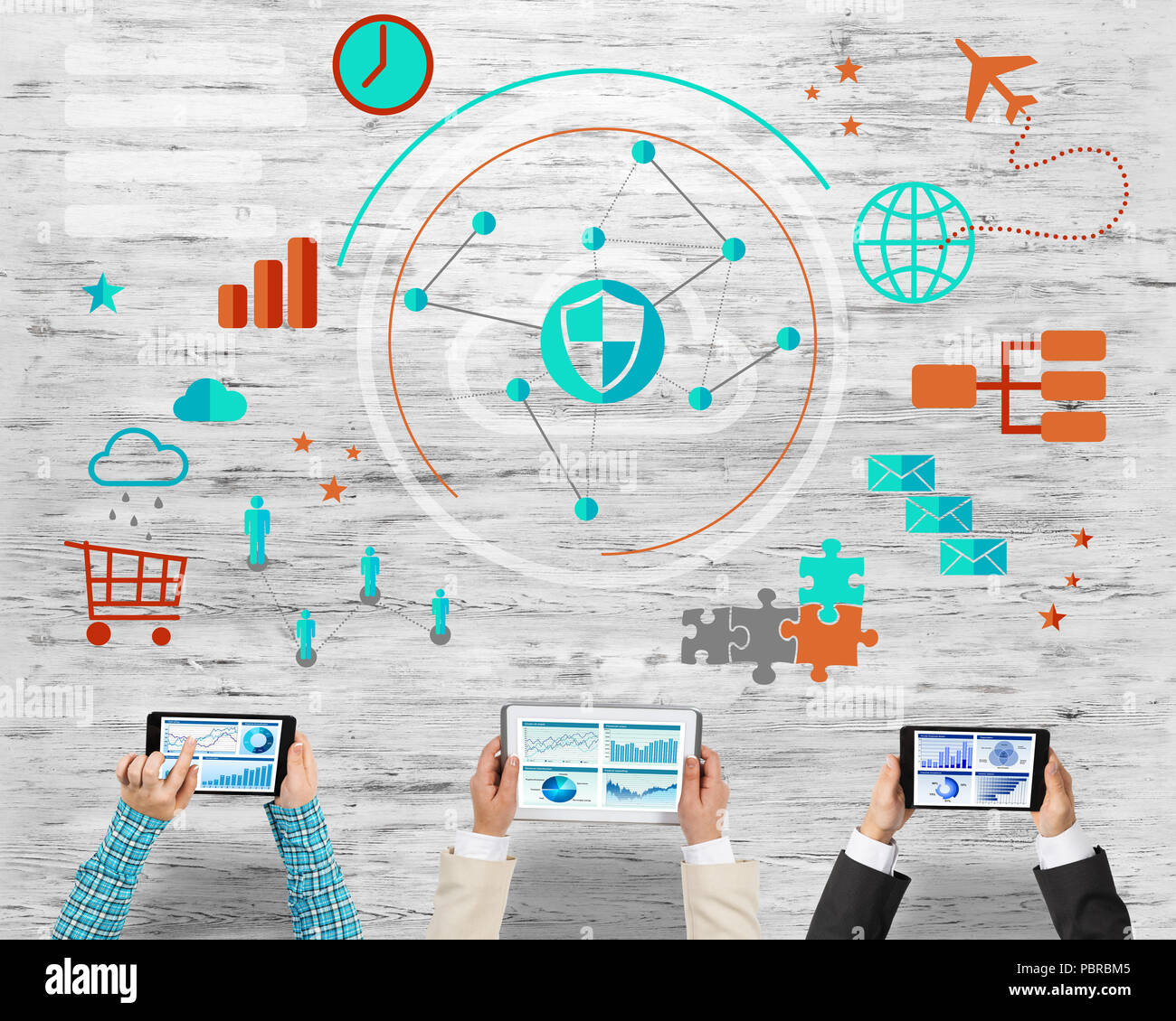Top view of businesspeople sitting at table and using gadgets Stock ...