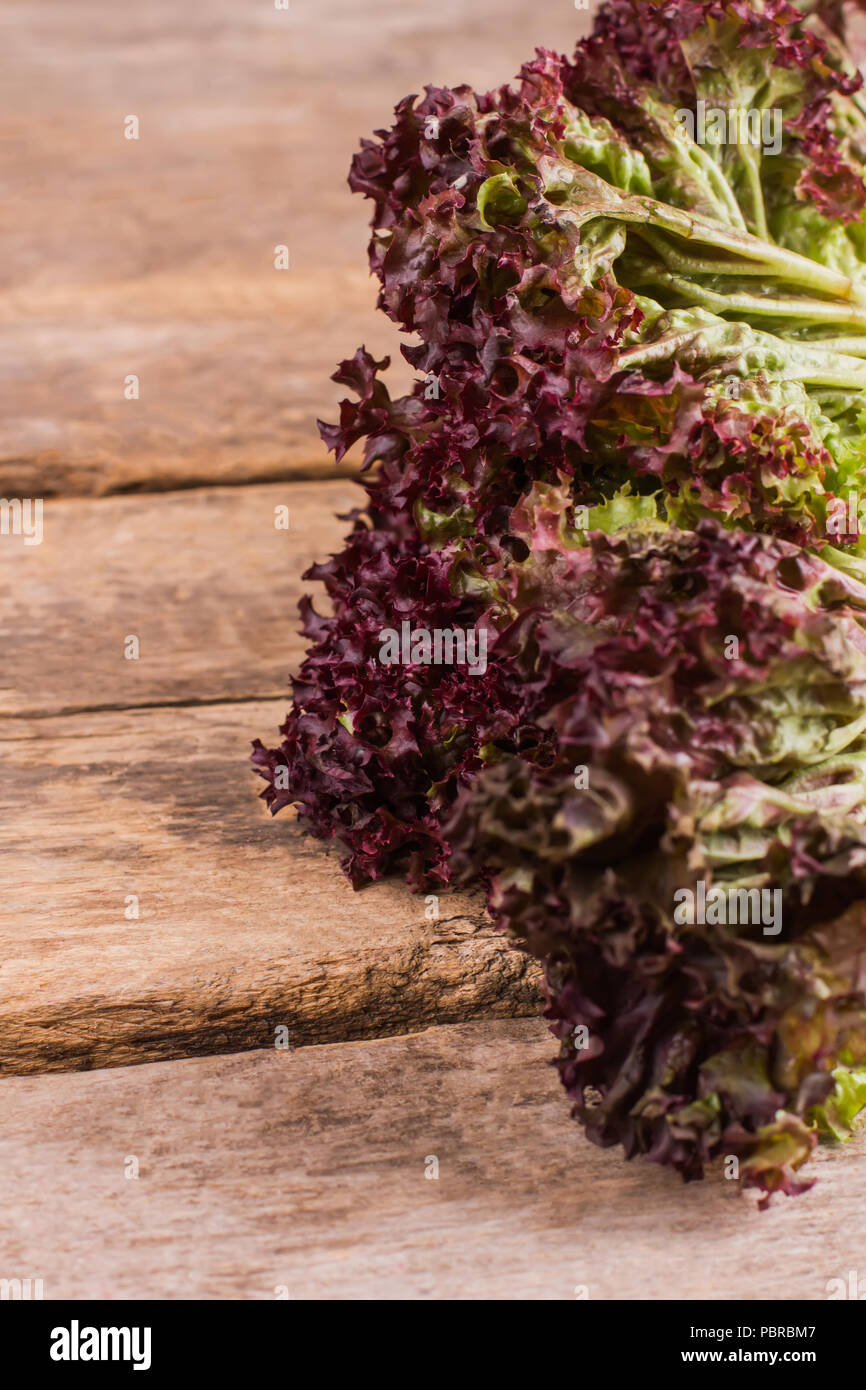 Sheaf of purple lettuce on wood. Close up. Cropped image Stock Photo ...