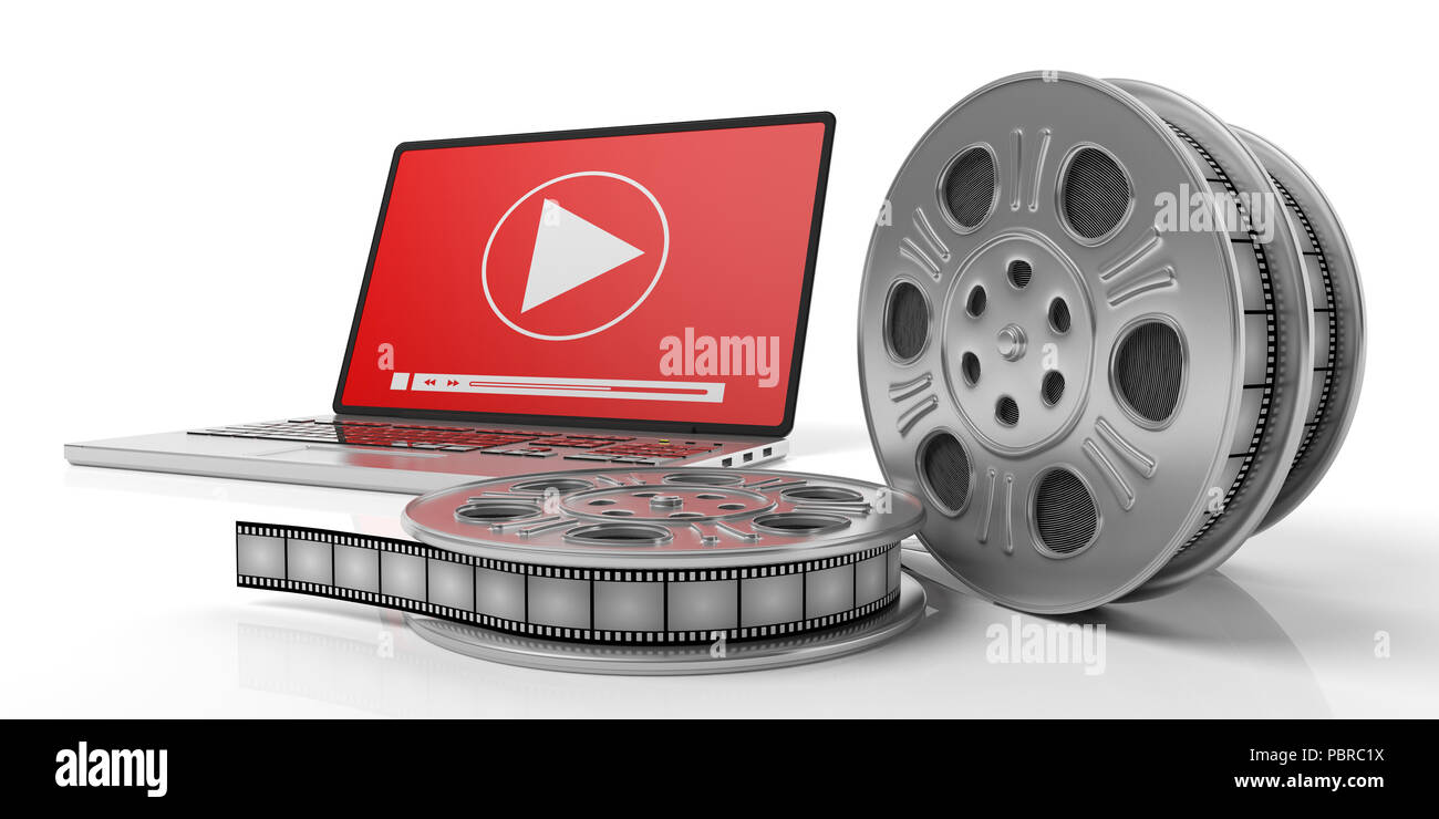 Cinematography concept. Film movie reels and a laptop on a white ...