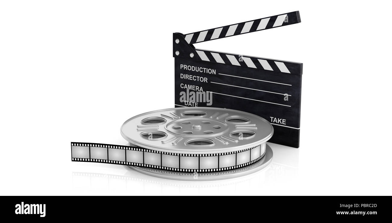 Cinematography concept. Film movie reel and a movie clapper on a white ...
