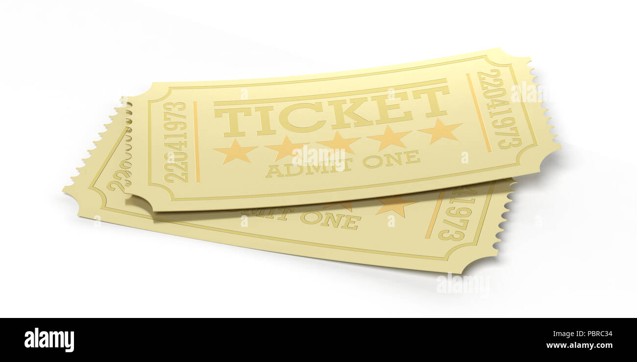 Movie theater concept. Two cinema old type golden tickets isolated on a ...