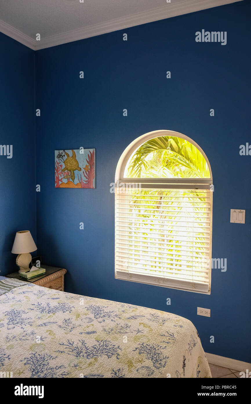 Blue color wall hotel bedroom at Cayman Island Stock Photo - Alamy