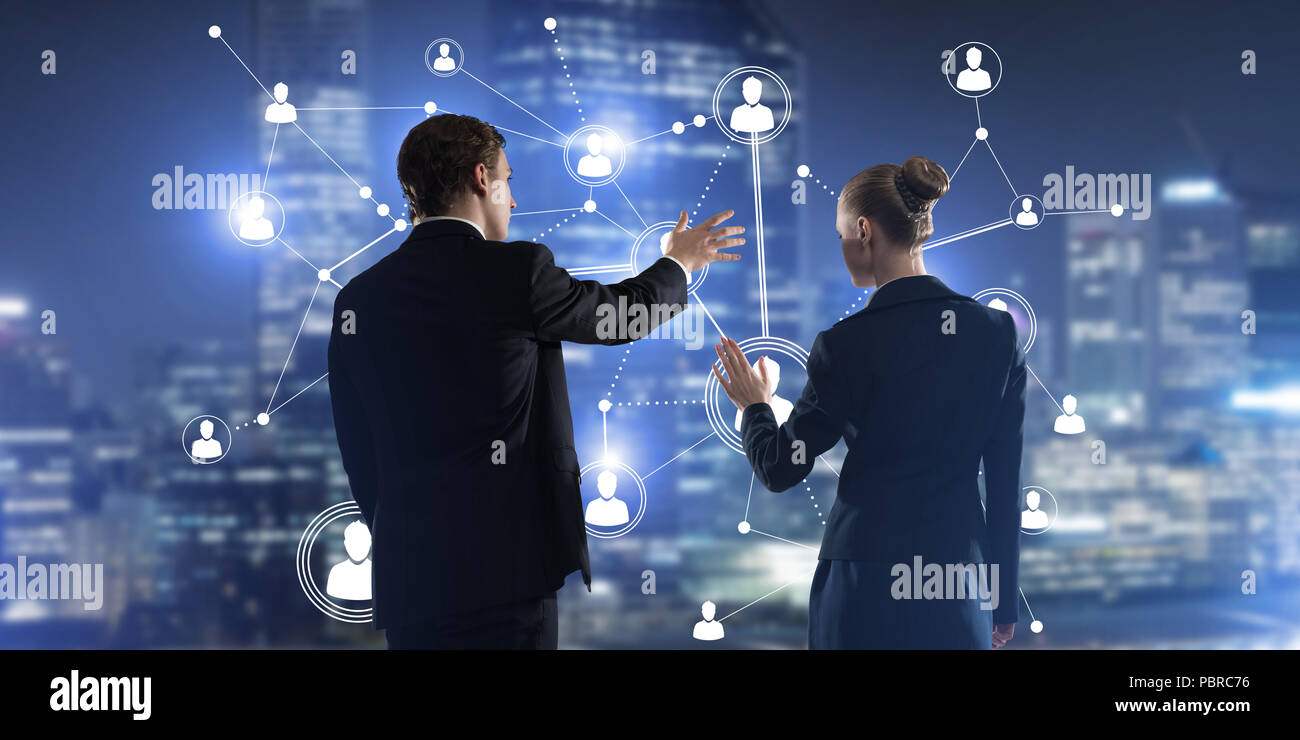 Concept of social connection and networking against night city view and ...