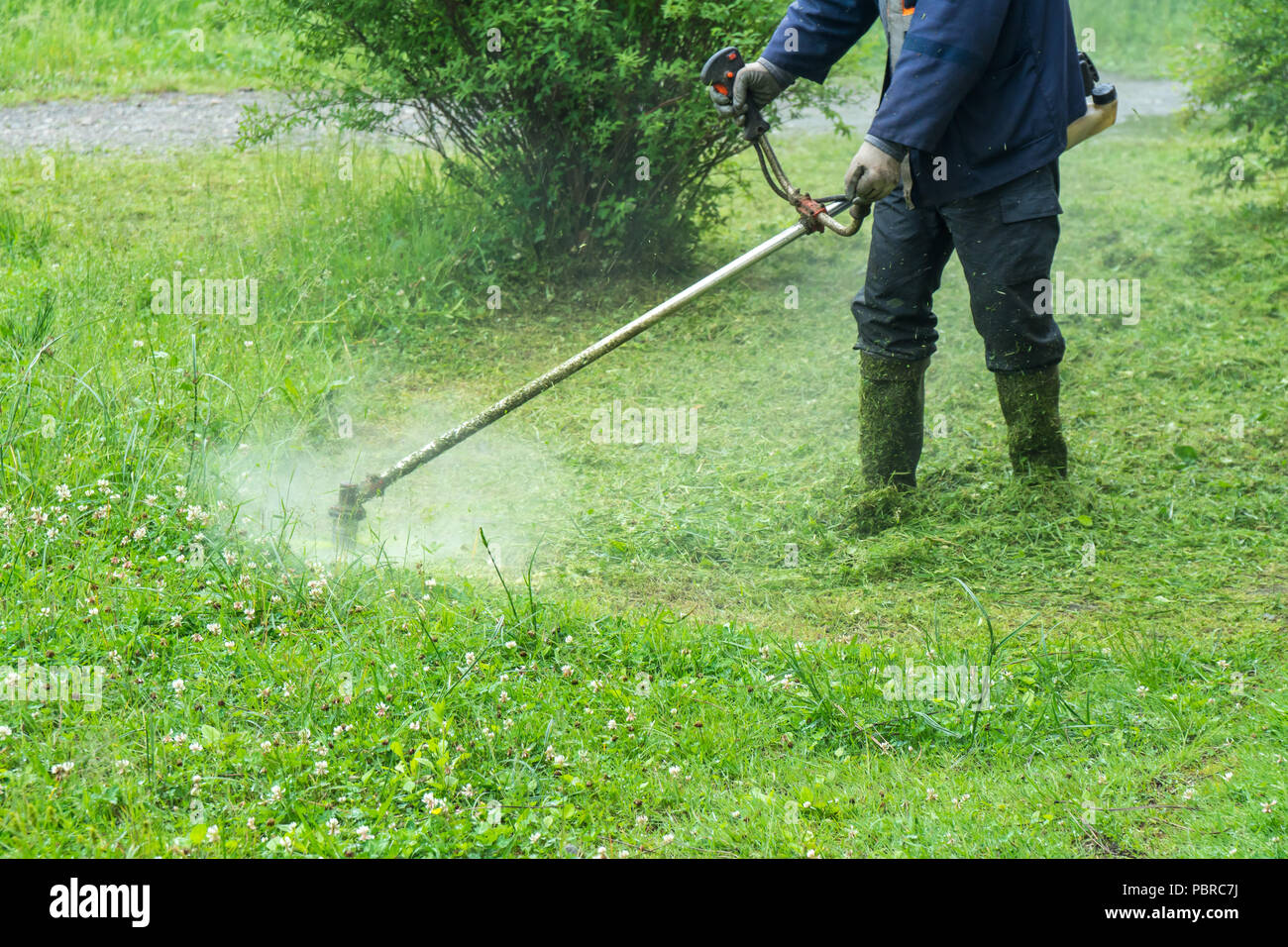 The gardener cutting grass by lawn mower Stock Photo - Alamy