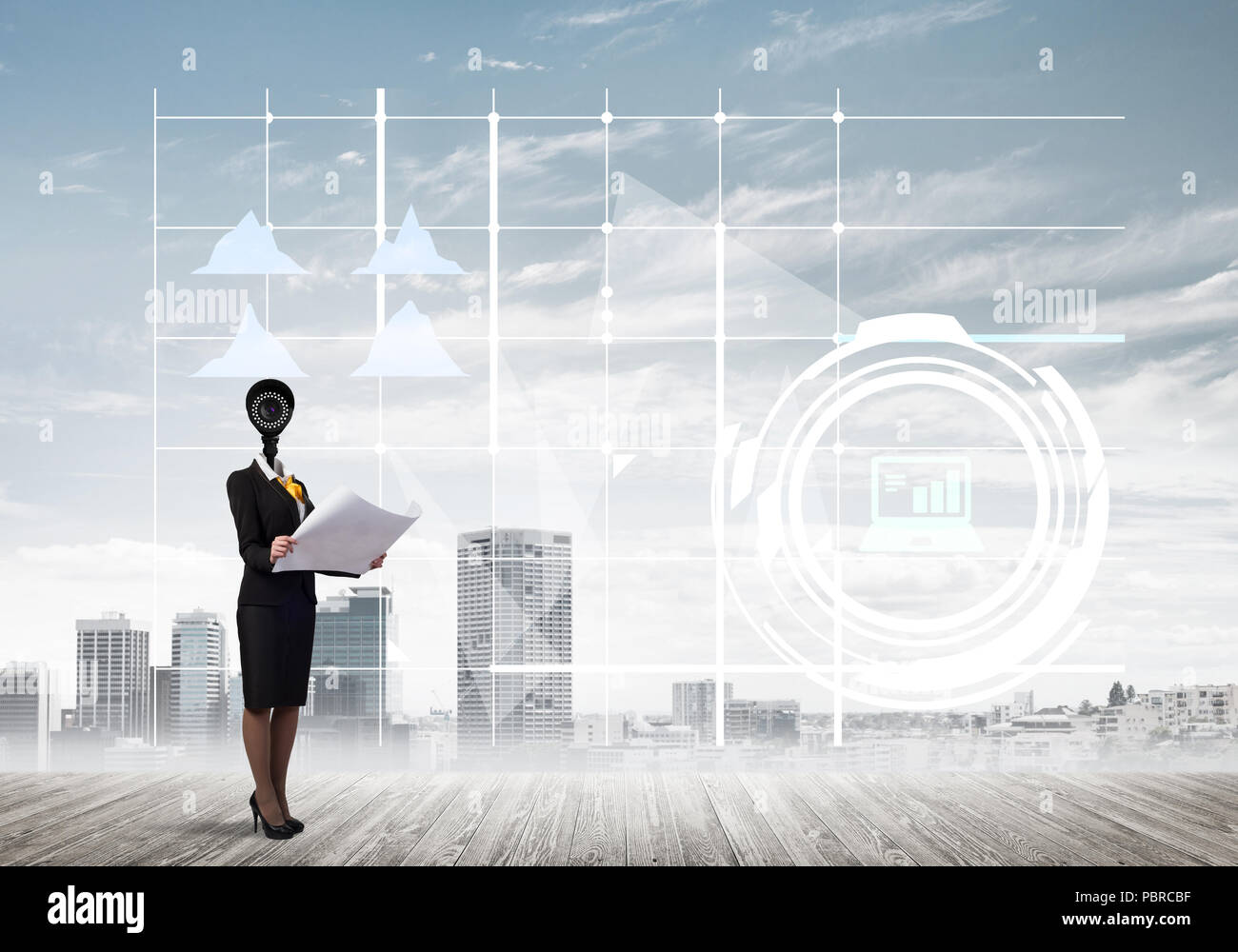 Concept of security and privacy protection with camera headed woman ...