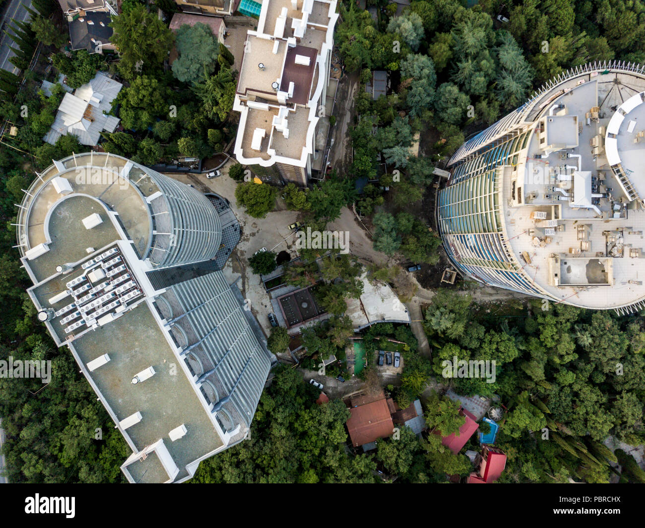 aerial overhead top view from above modern living skyscraper buildings ...
