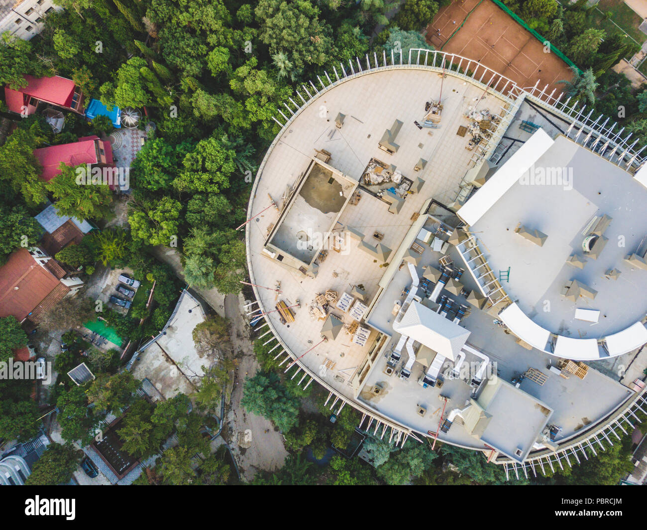 top overhead view of th tall skyscraper building roof remote isolated ...