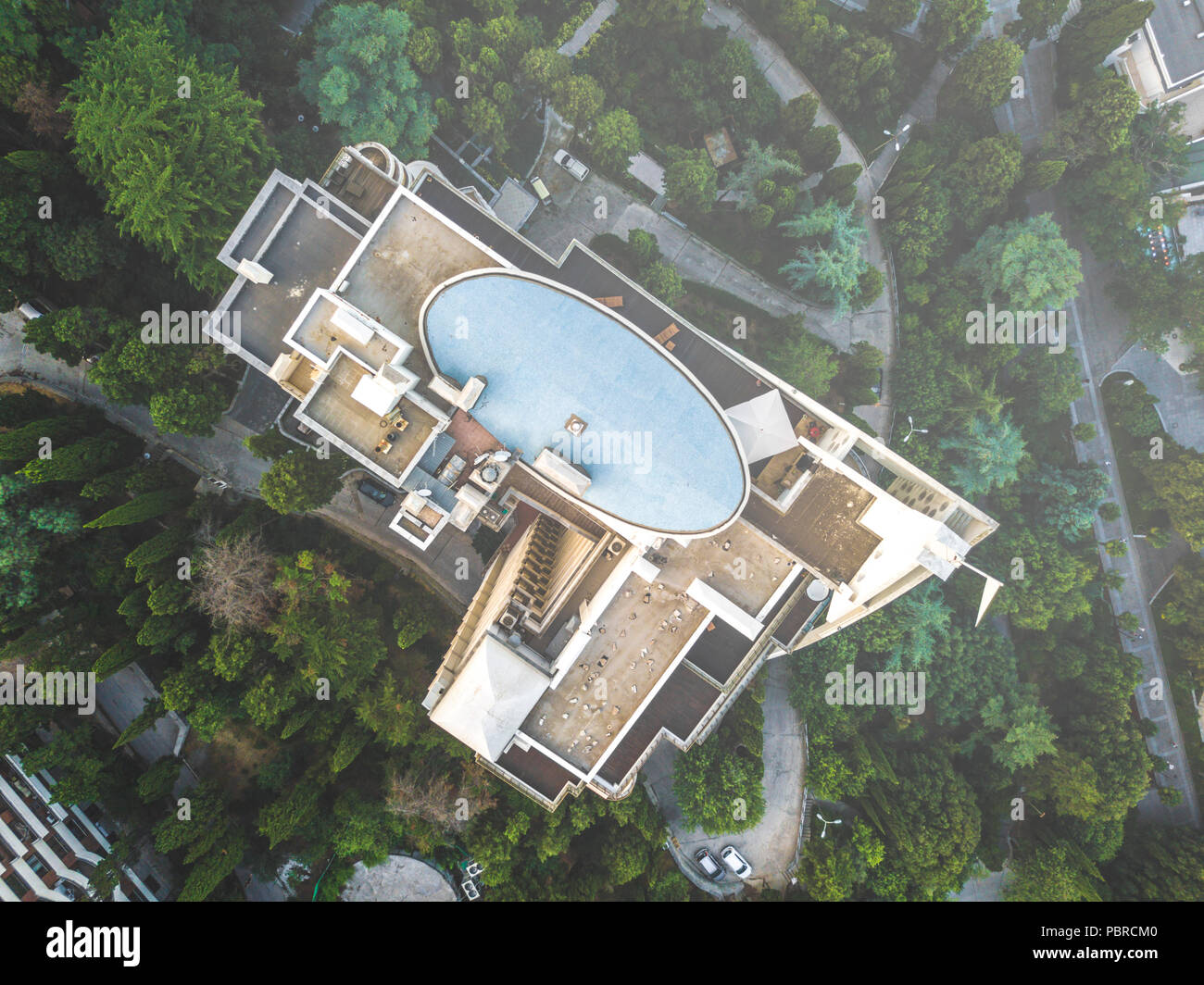 top overhead view of th tall skyscraper building roof remote isolated ...