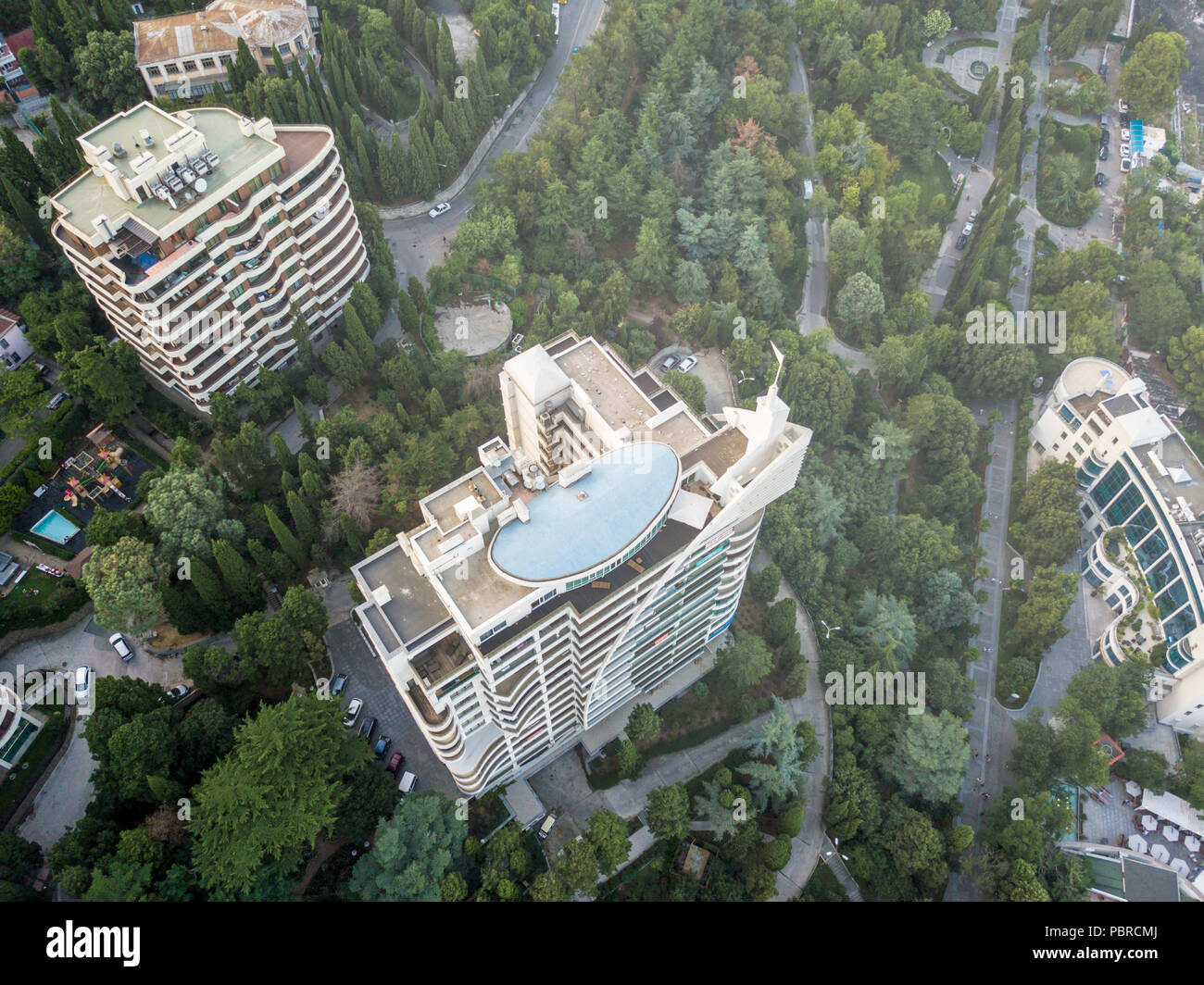 aerial overhead top view from above modern living skyscraper buildings ...