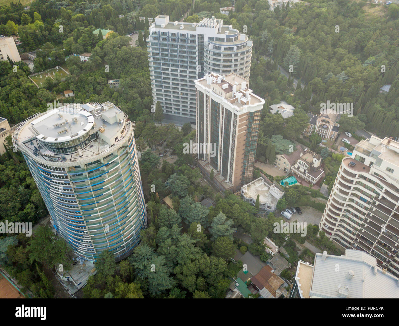 aerial overhead top view from above modern living skyscraper buildings ...