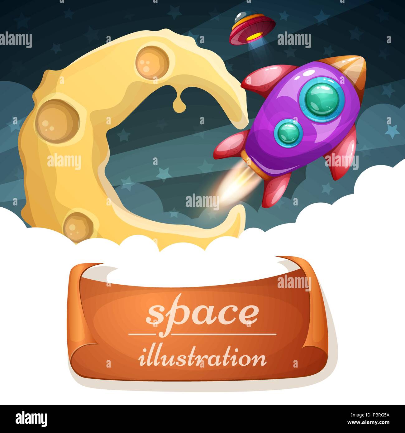 Cartoon space illustraton. Cloud, moon, rocket Stock Vector Image & Art ...