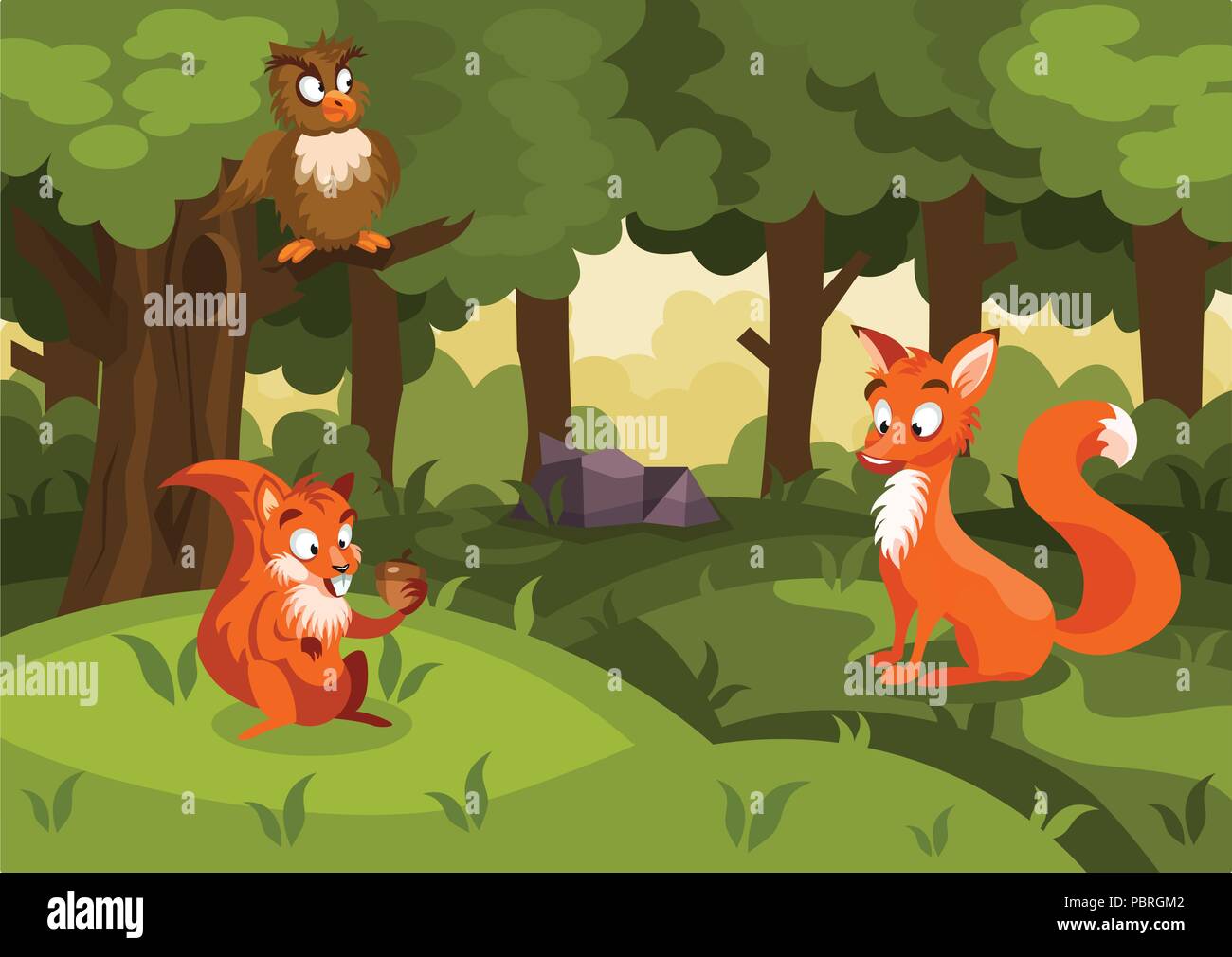 Summer forest vector Illustration with a squirrel, fox and an owl Stock ...