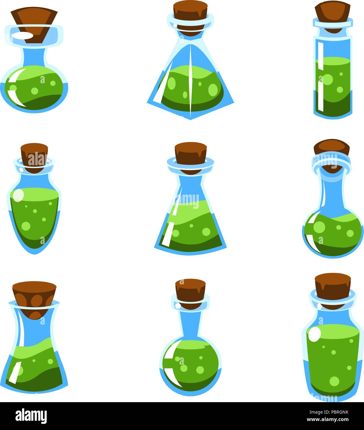 Set of cartoon vector green potions in bottles of different shape for a ...