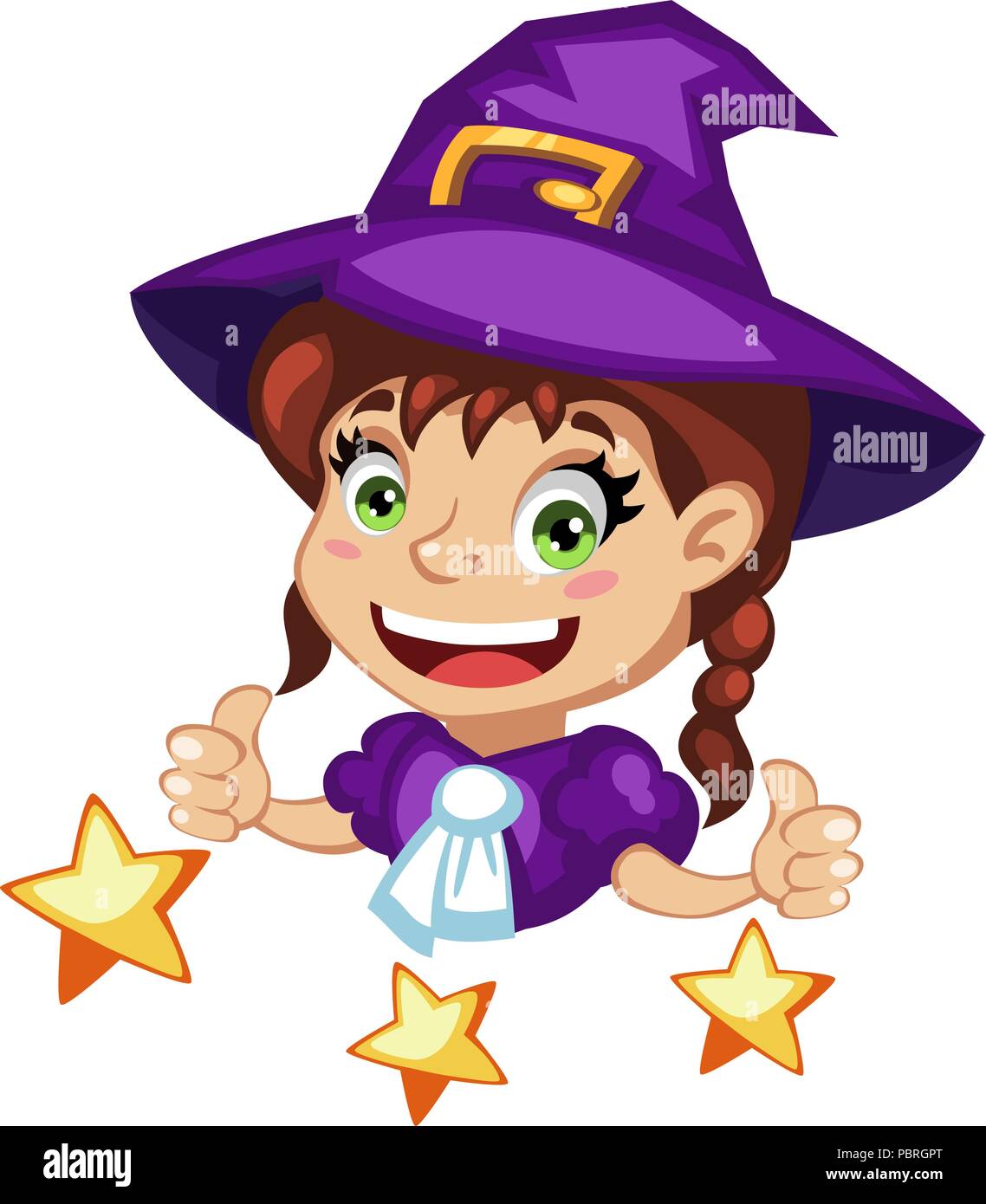 Cartoon young girl witch character with thumbs up and three yellow ...