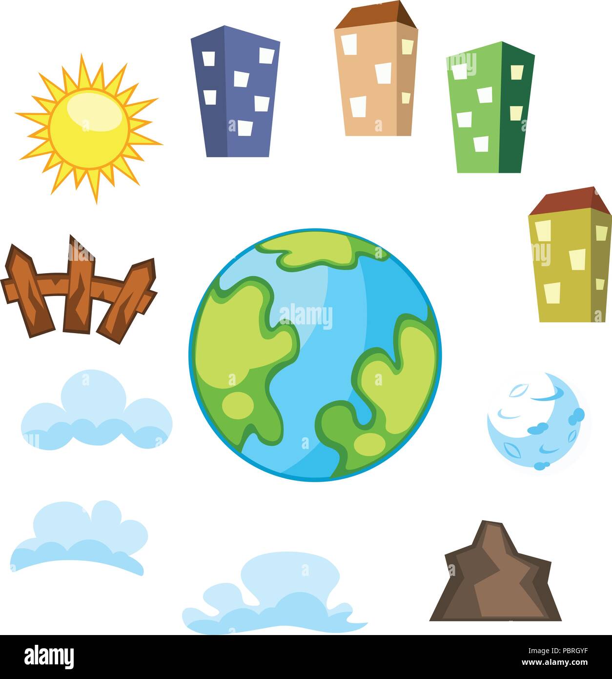 Set of cartoon objects houses in different colors, white clouds, planet ...