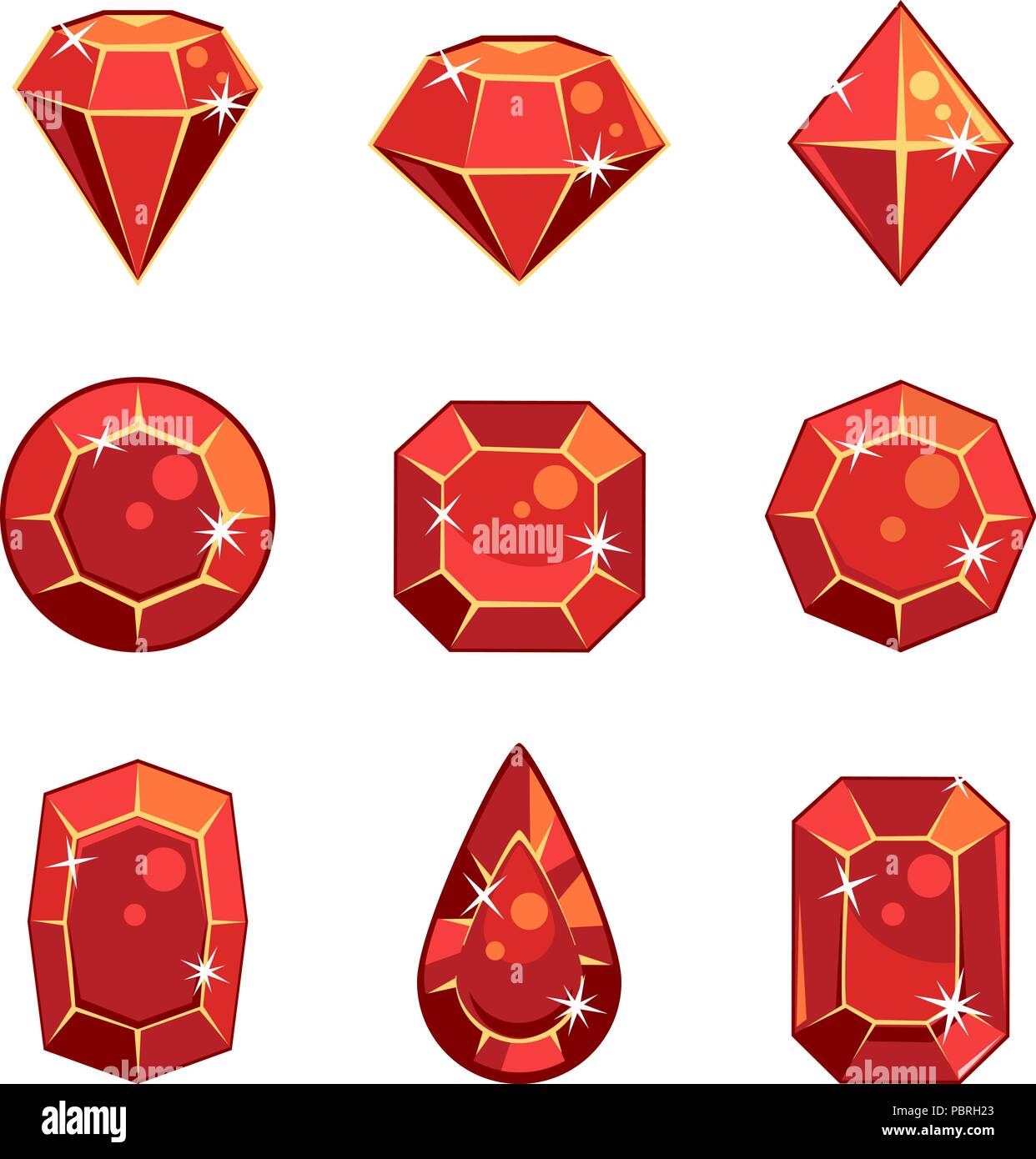Set of cartoon vector red gem stones in different shapes for a game ...