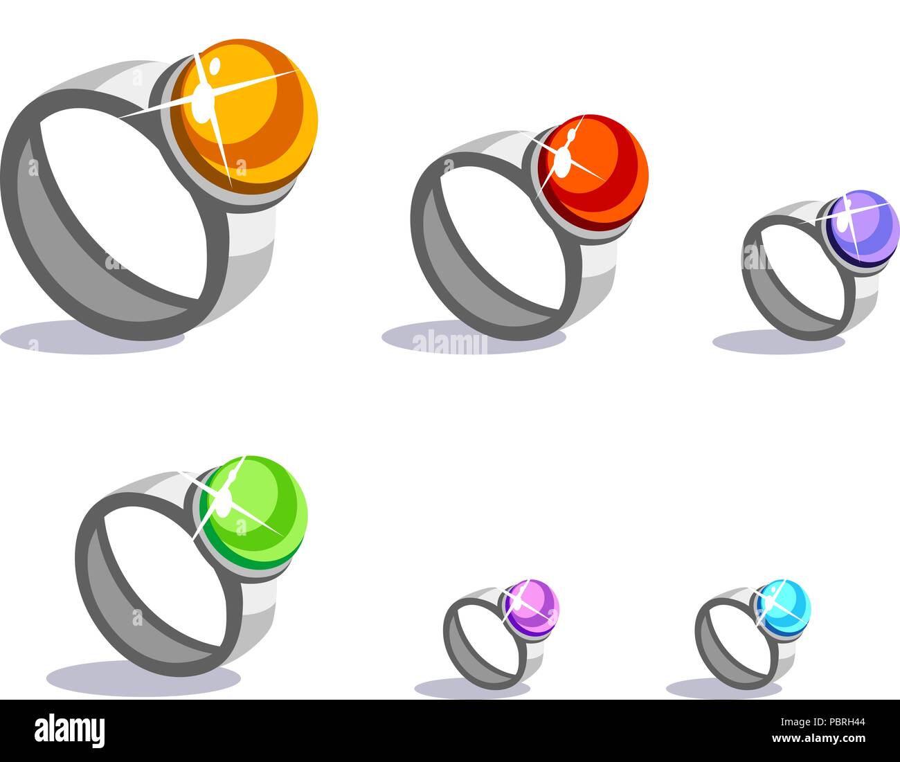 Set of cartoon vector silver rings with stones in different colors for ...
