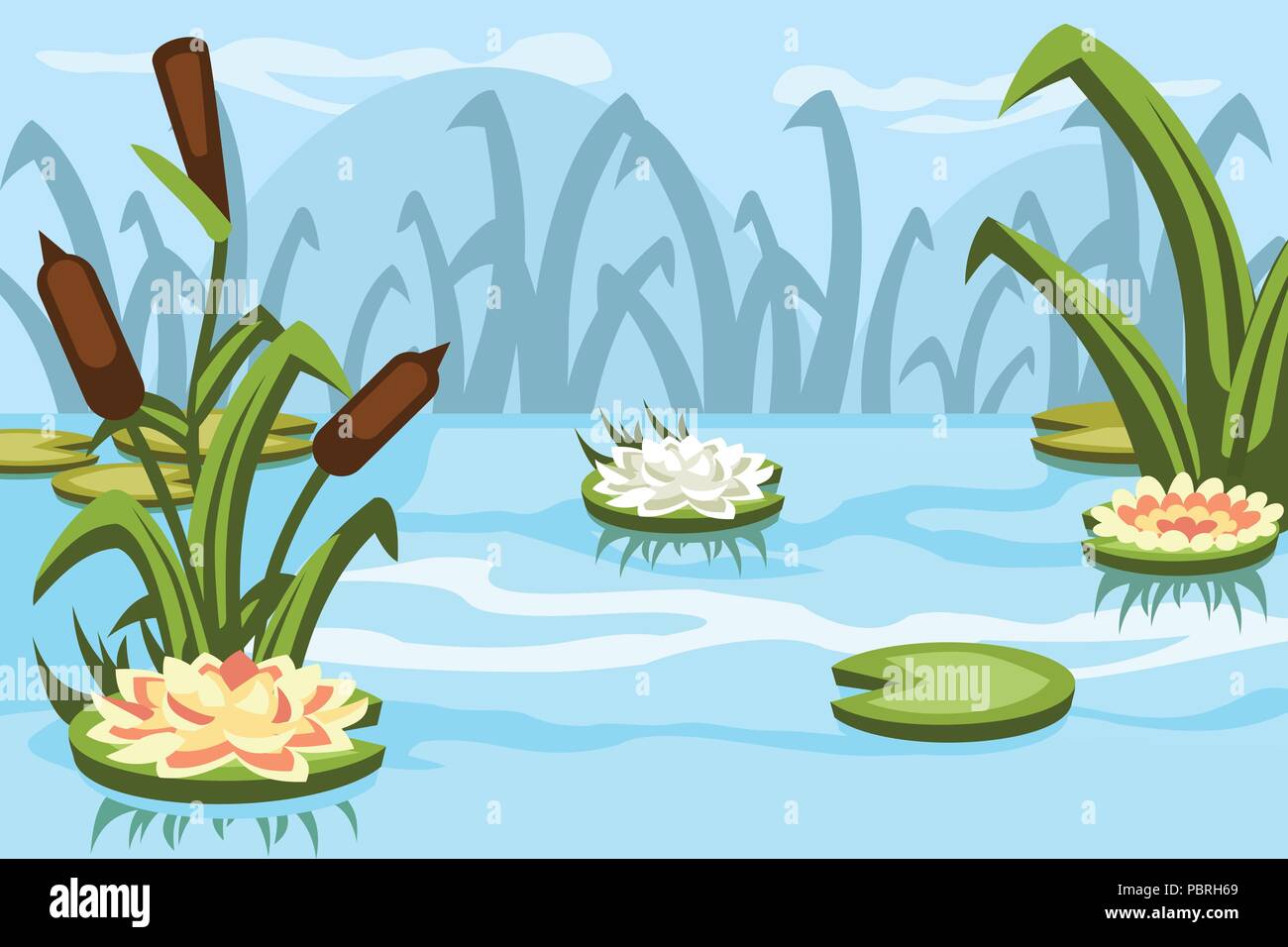 Illustration of a swamp with water lilies and reeds Stock Vector Image ...