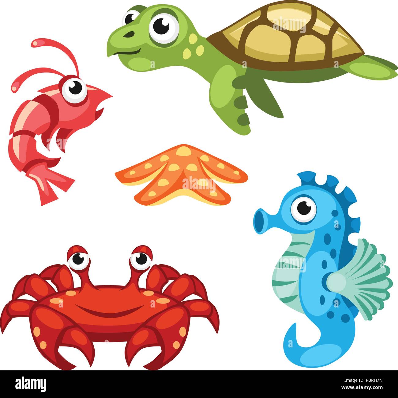Set of underwater vector creatures a starfish, a sea turtle, a crab, a ...