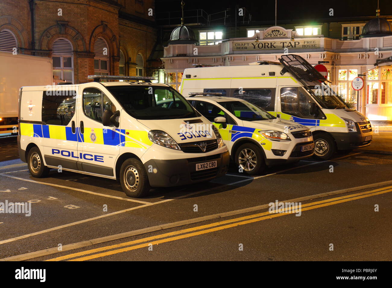 British Transport Police vehicles sit outside York Railway Station at ...