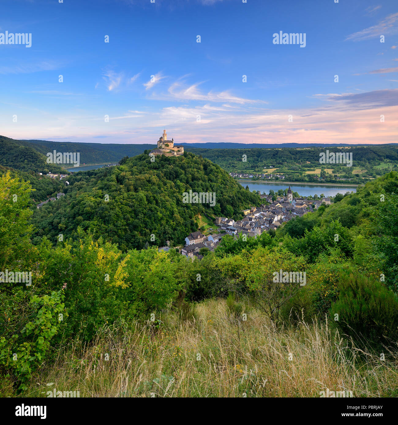 View of the Marksburg castle and the city of Braubach am Rhein, behind ...