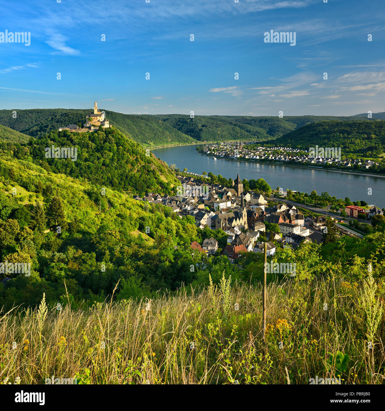 View of the Marksburg castle and the city of Braubach am Rhein, behind ...