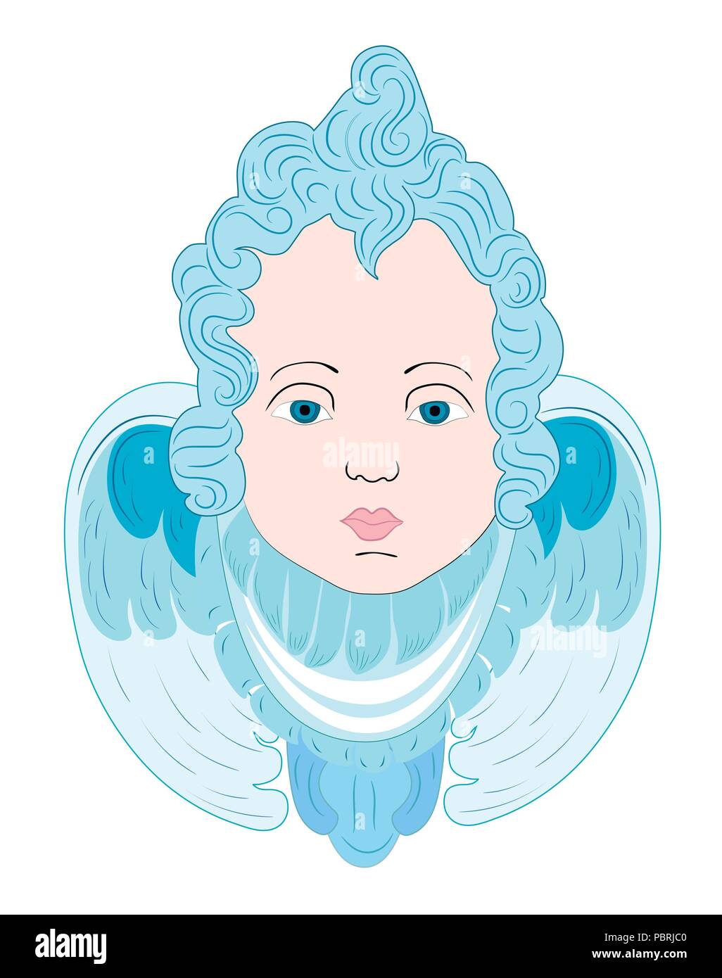 Religion. Angel with blue curls, wings, Curly hair. The child's face ...