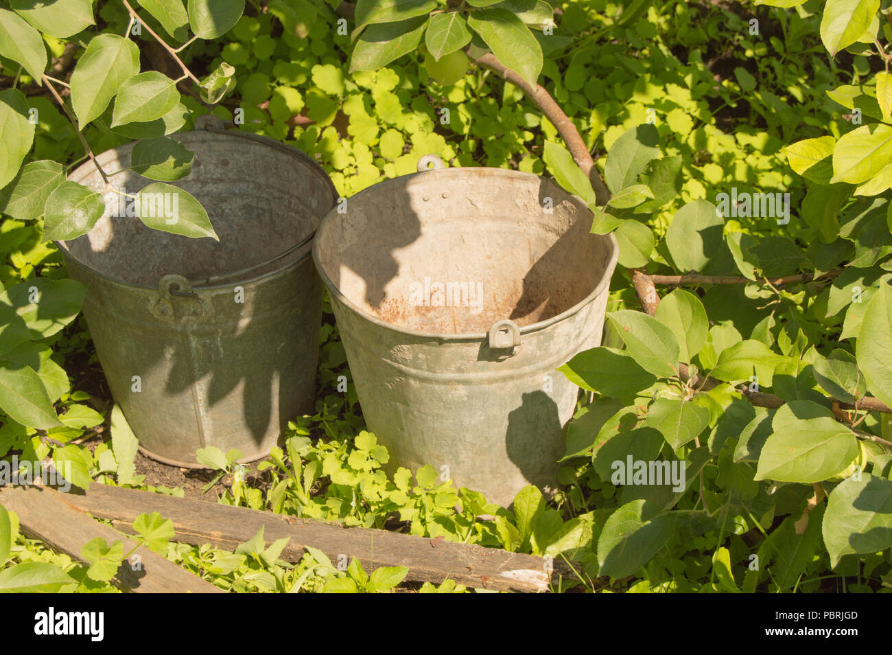 Two old rusty iron buckets in the garden grass Stock Photo - Alamy