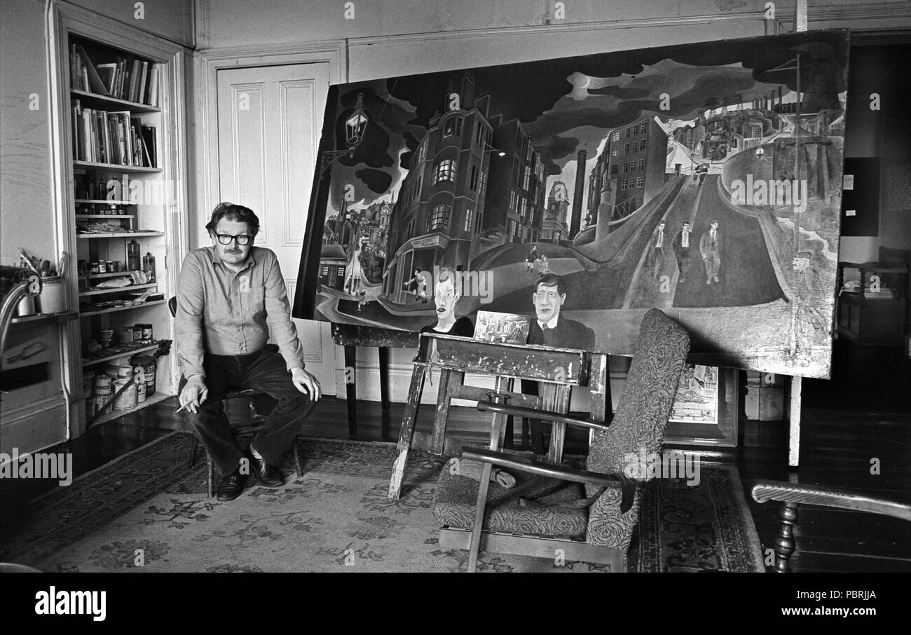 The Scottish artist and writer, Alasdair Gray, sitting beside one of ...