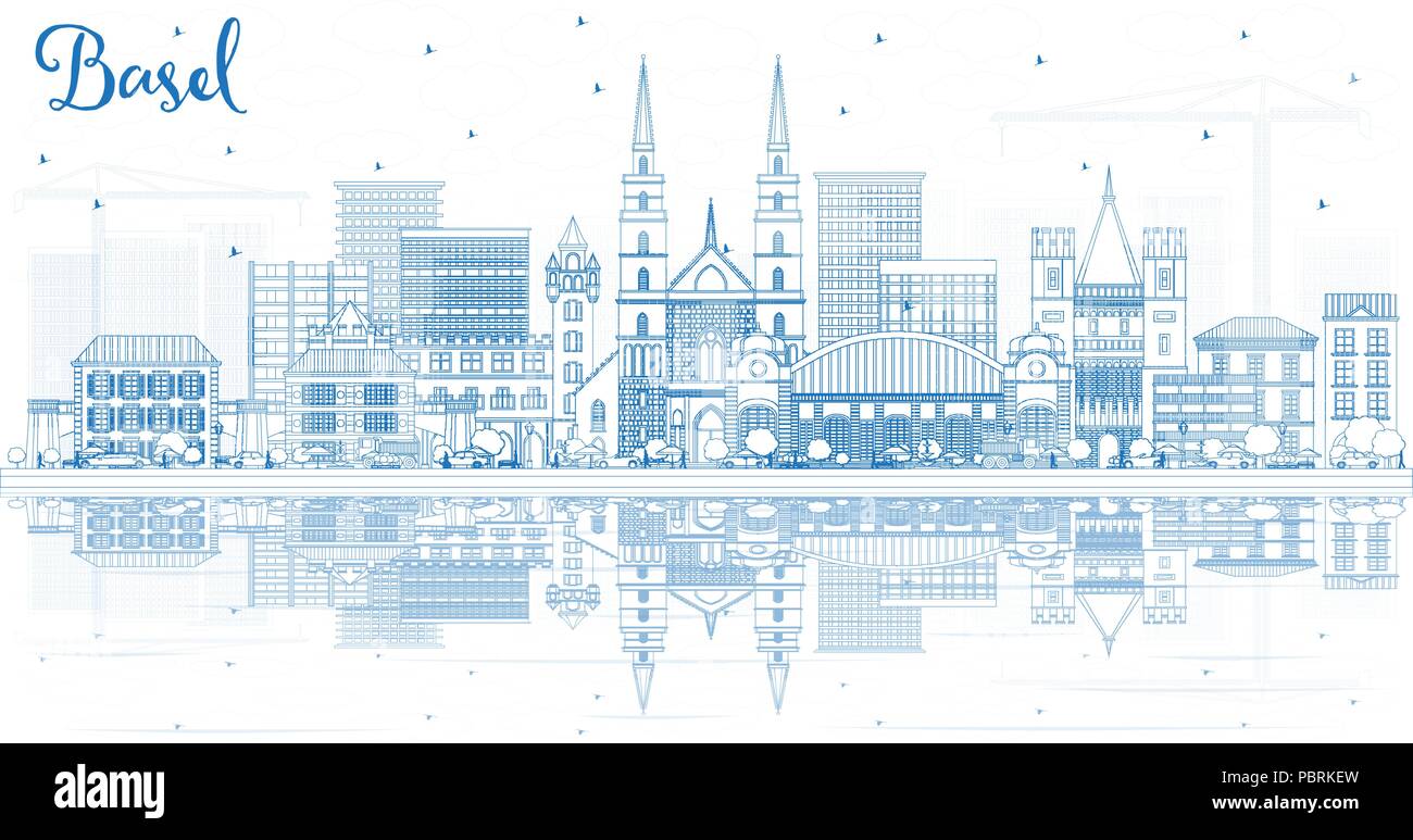 Outline Basel Switzerland City Skyline with Blue Buildings and ...