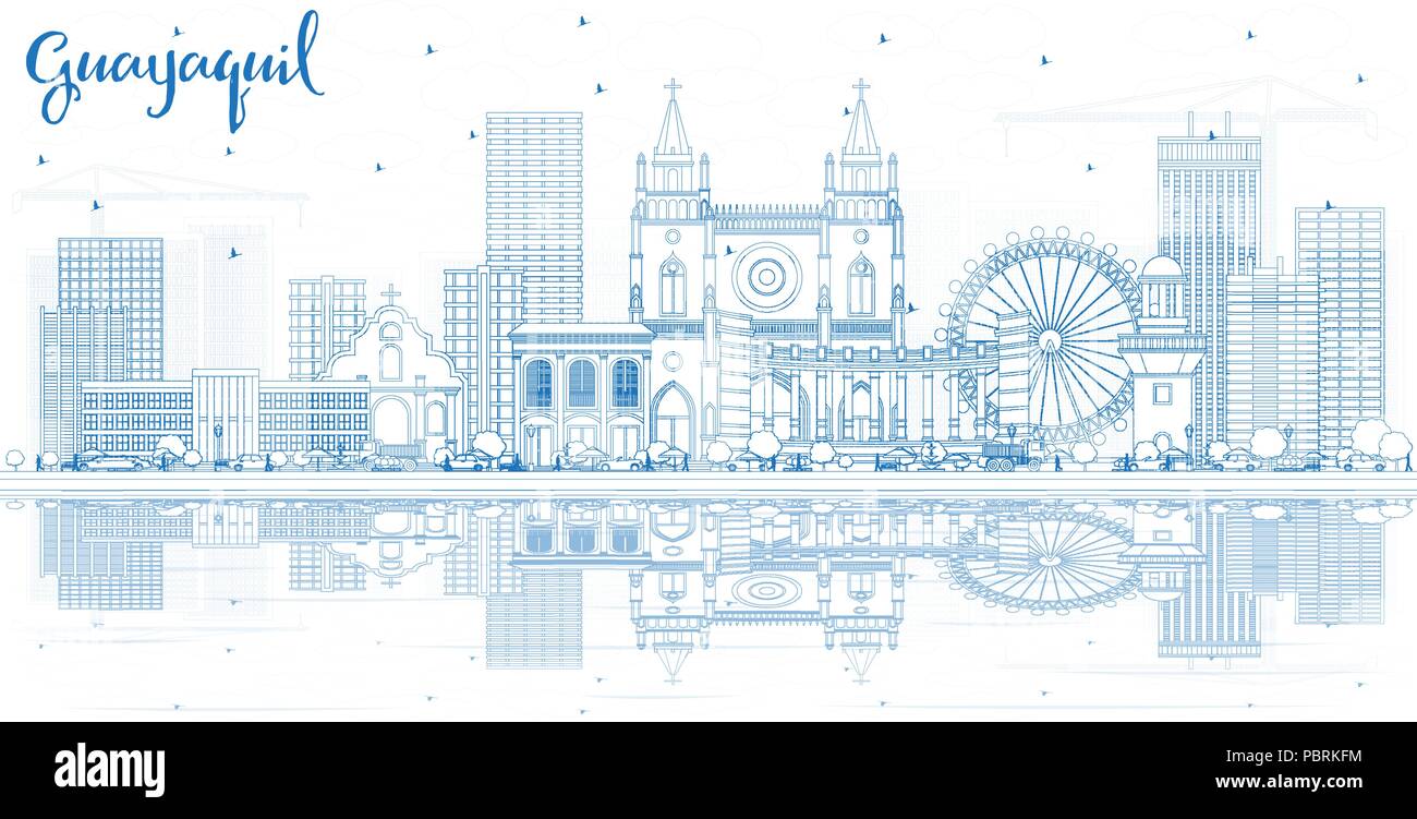 Outline Guayaquil Ecuador City Skyline with Blue Buildings and ...