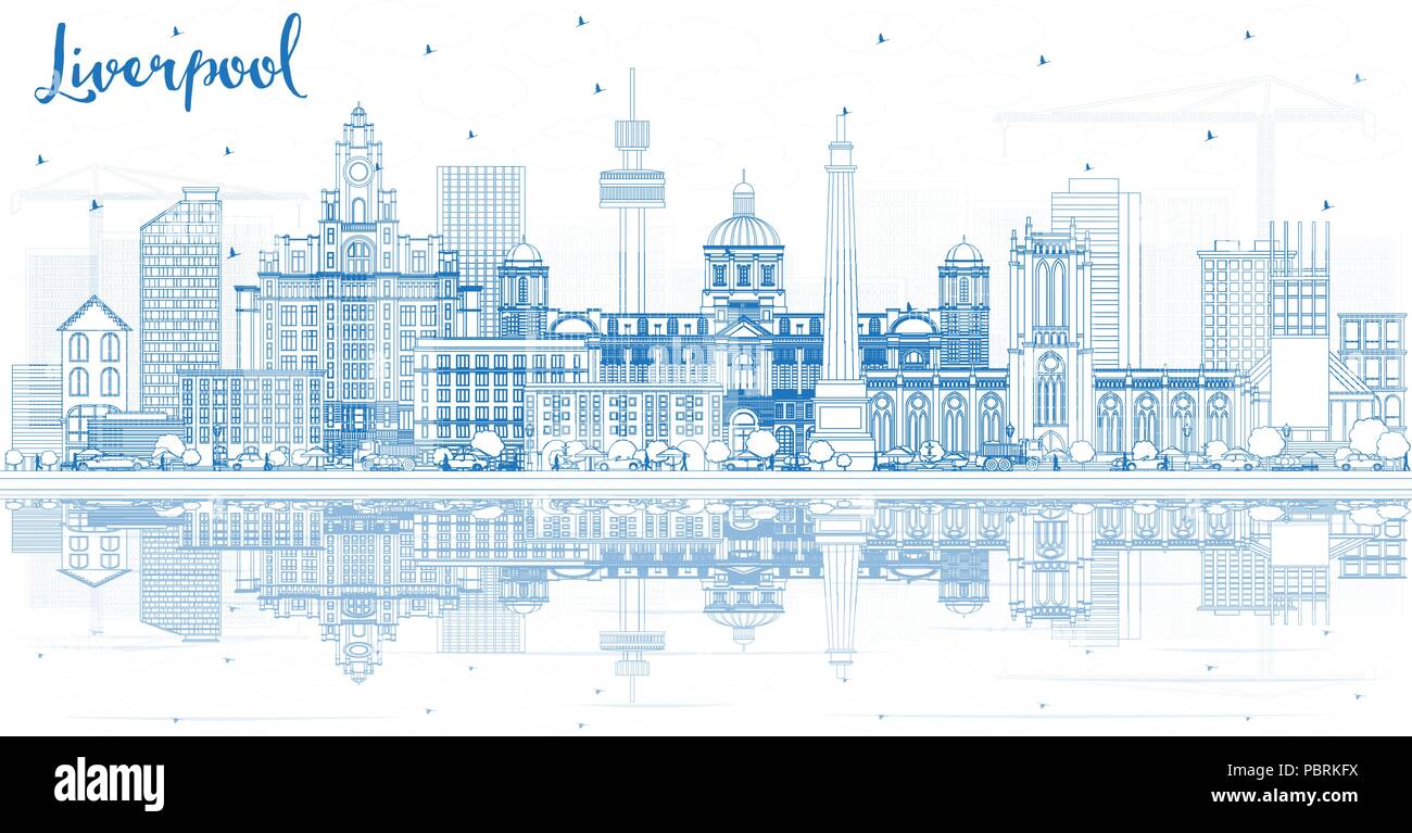 Outline Liverpool Skyline with Blue Buildings and Reflections. Vector ...