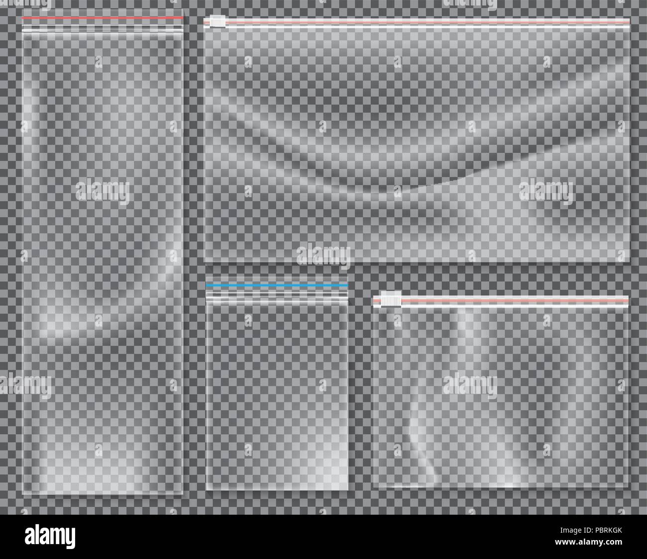 Transparent Nylon Bag with Lock or Zip. Vector Illustration. Set of ...