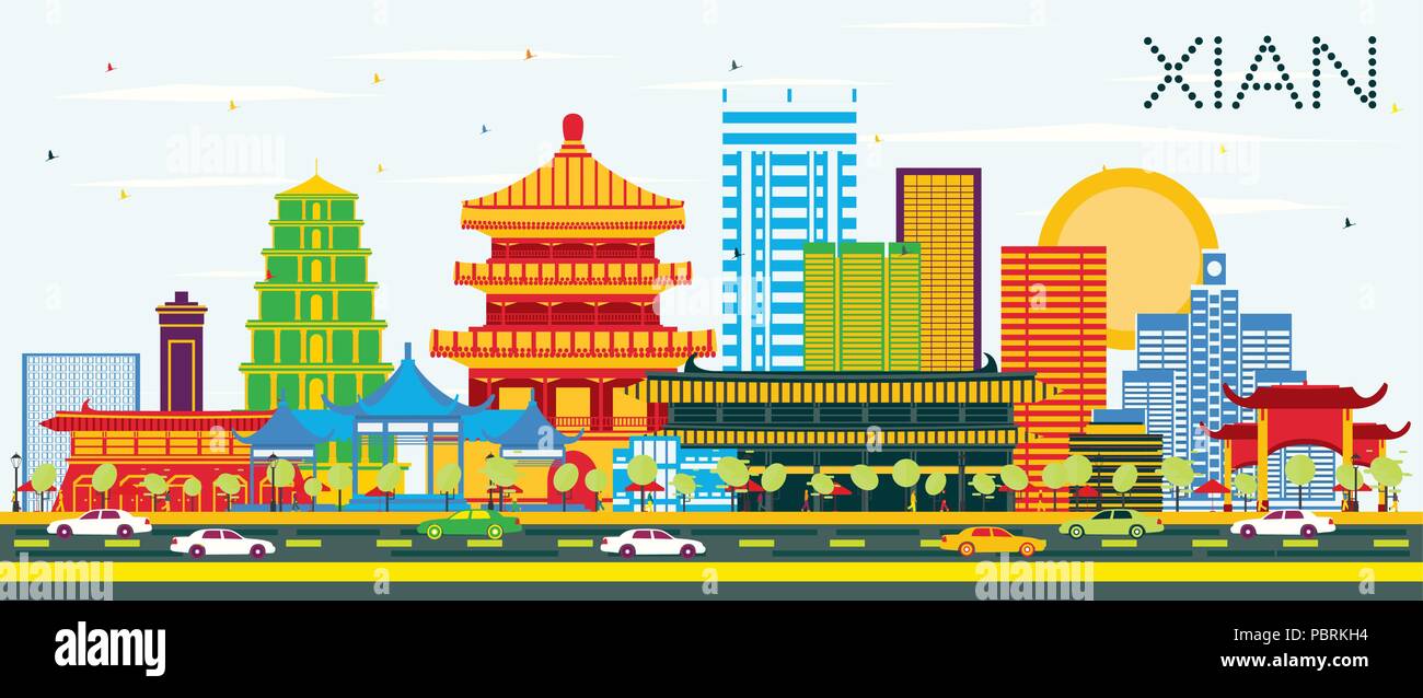 Xian China Skyline with Color Buildings and Blue Sky. Vector ...