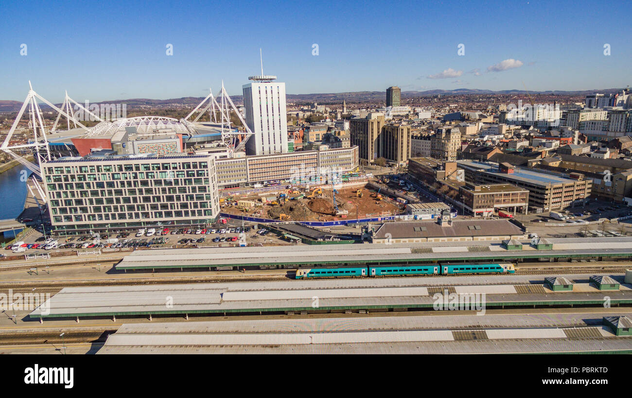 An aerial view of Wales’ Principality Stadium and Cardiff City Centre ...