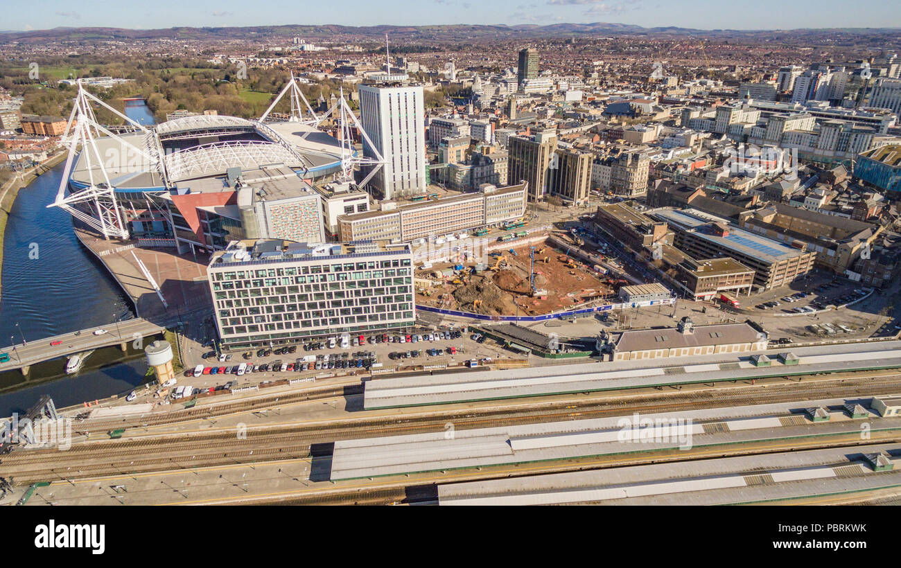 An aerial view of Wales’ Principality Stadium and Cardiff City Centre ...