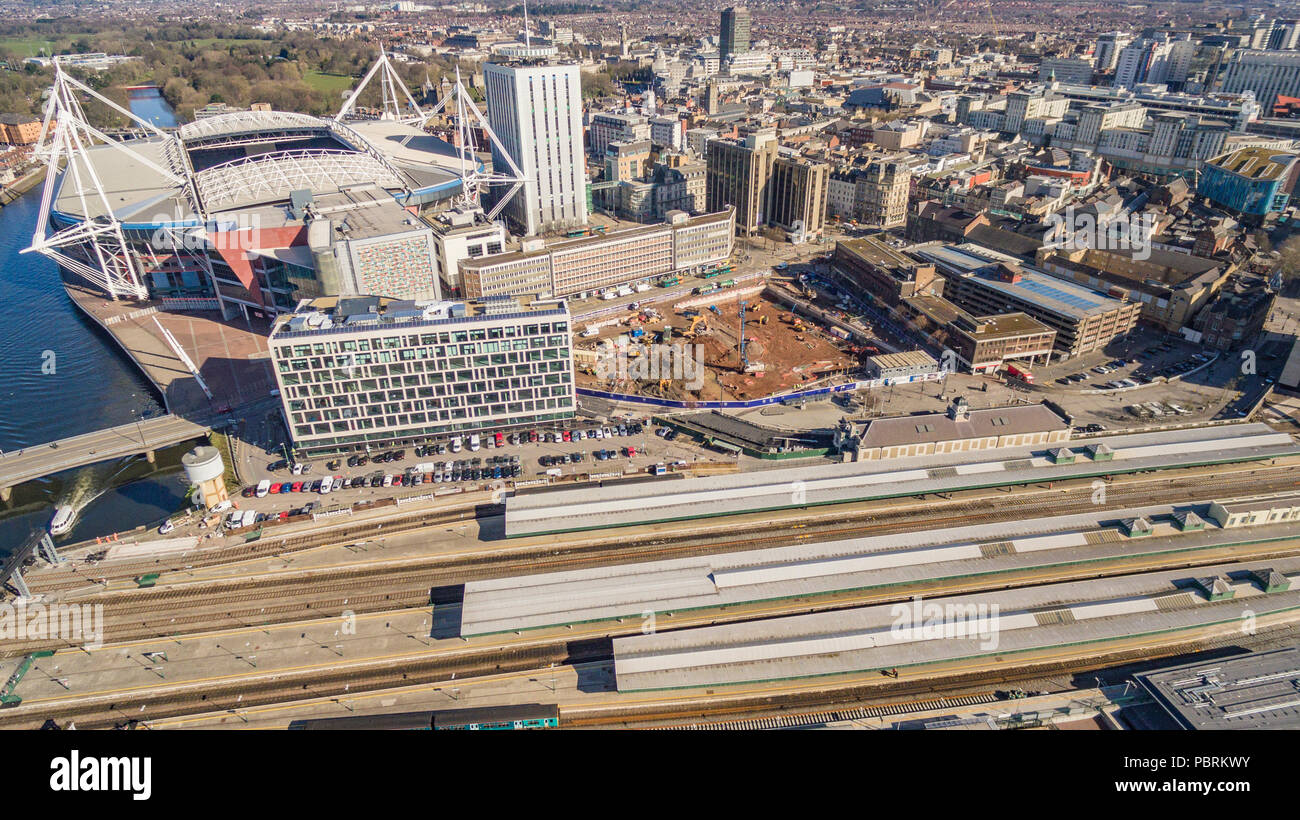 An aerial view of Wales’ Principality Stadium and Cardiff City Centre ...