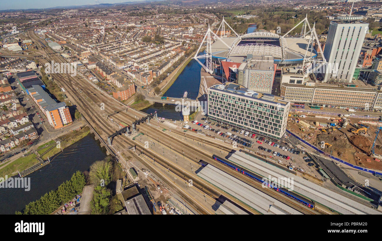 An aerial view of Wales’ Principality Stadium and Cardiff City Centre ...