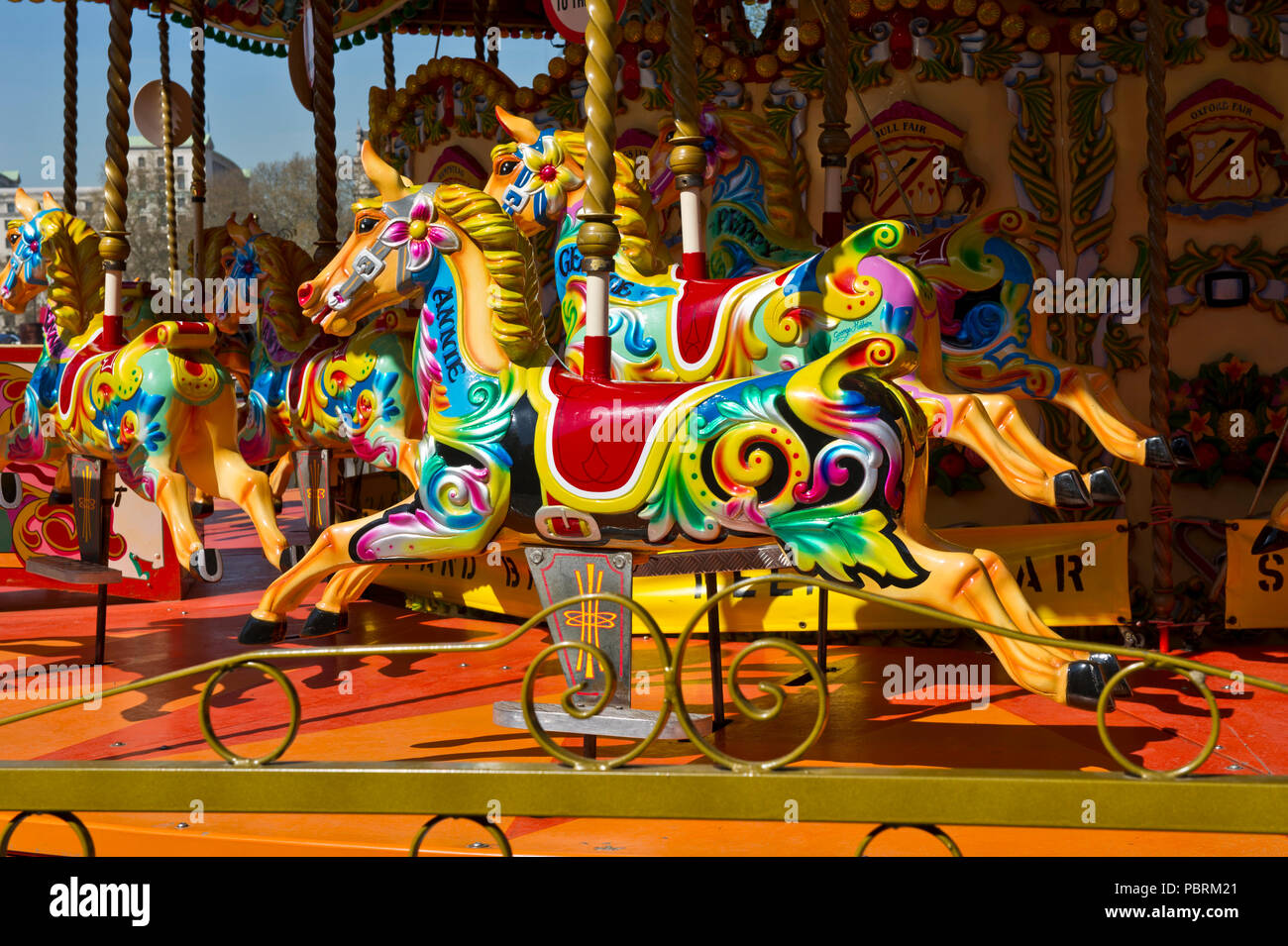 Colourful wooden horses on a carousel in London, England, UK Stock ...