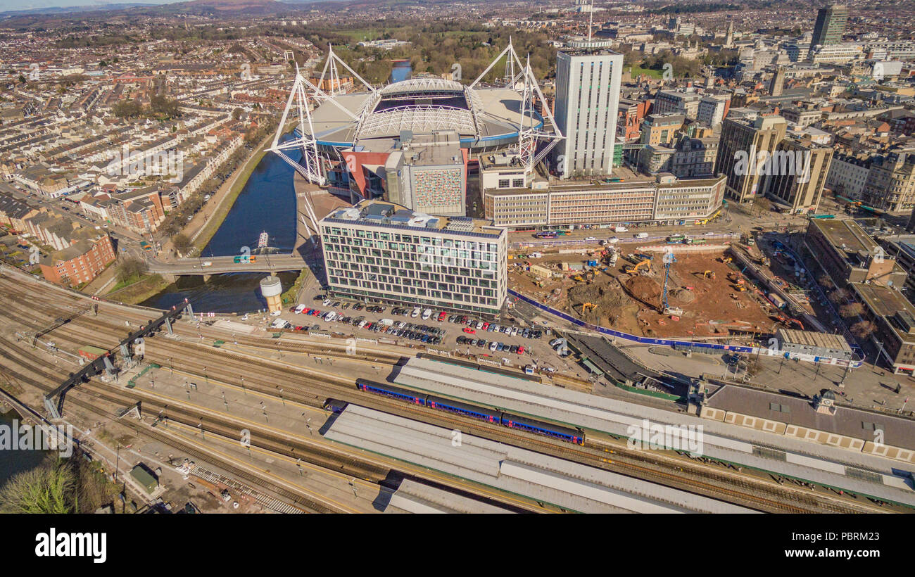 An aerial view of Wales’ Principality Stadium and Cardiff City Centre ...