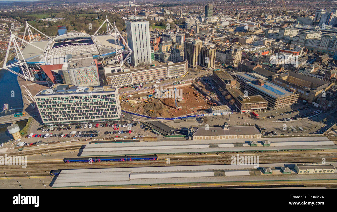 An aerial view of Wales’ Principality Stadium and Cardiff City Centre ...
