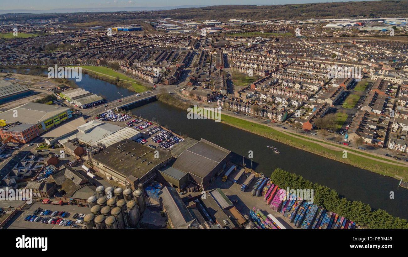 Drone aerial views of the River Taff flowing through Cardiff with The ...