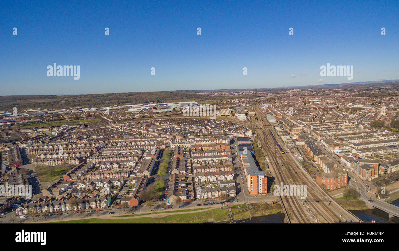 Aerial Views over Penarth Road, Cardiff looking towards The Bristol ...