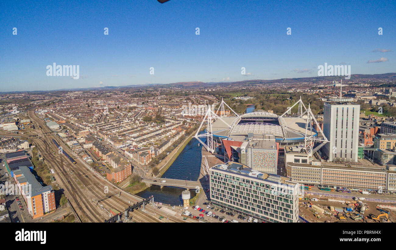 An aerial view of Wales’ Principality Stadium and Cardiff City Centre ...