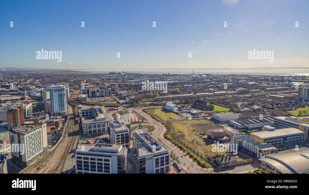 Aerial Views over Penarth Road, Cardiff looking towards The Bristol ...