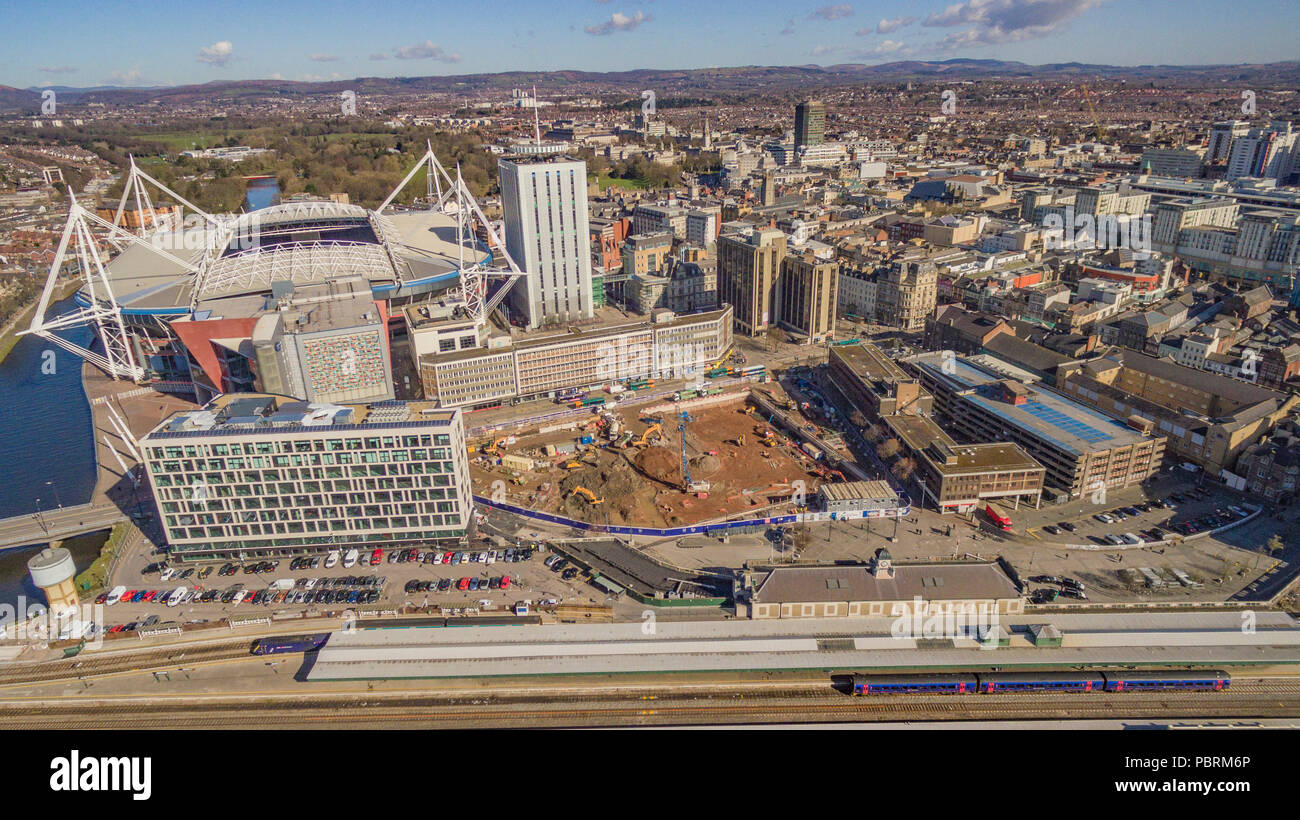 An aerial view of Wales’ Principality Stadium and Cardiff City Centre ...